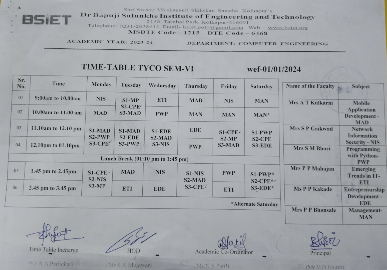 TImeTable – Dr. Bapuji Salunke Institute Of Engineering & Technology