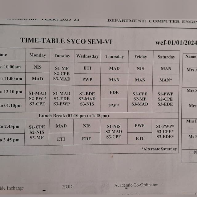 TImeTable – Dr. Bapuji Salunke Institute Of Engineering & Technology